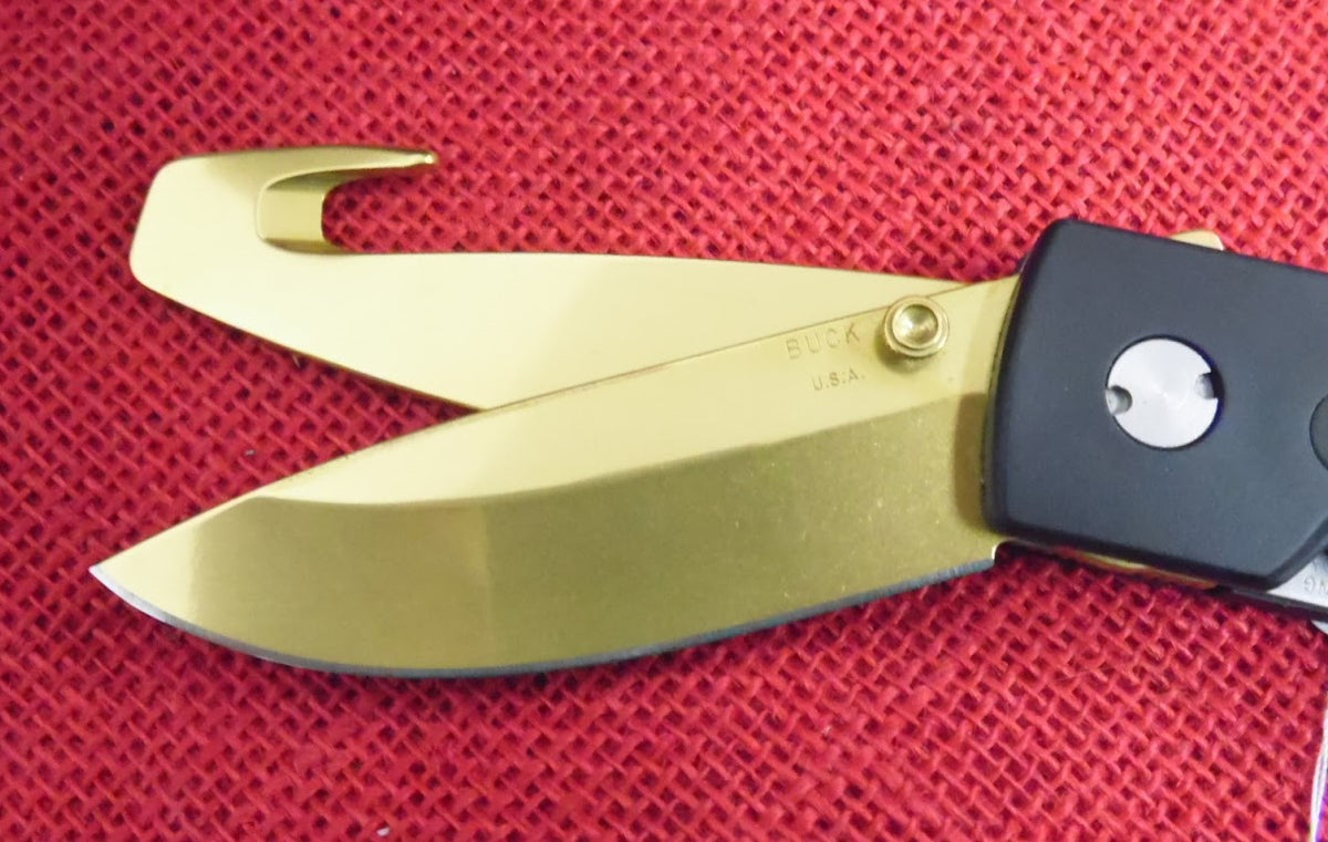 Buck 0180-Z2 180 Crosslock Hunter Gold BuckCote 2 Blade Guthook Knife ...
