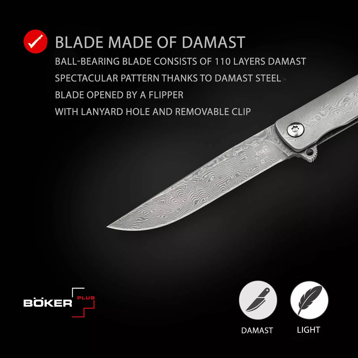 Boker Plus Knife 01BO358DAM Gemma Damast All Damascus Flipper Frameloc ...